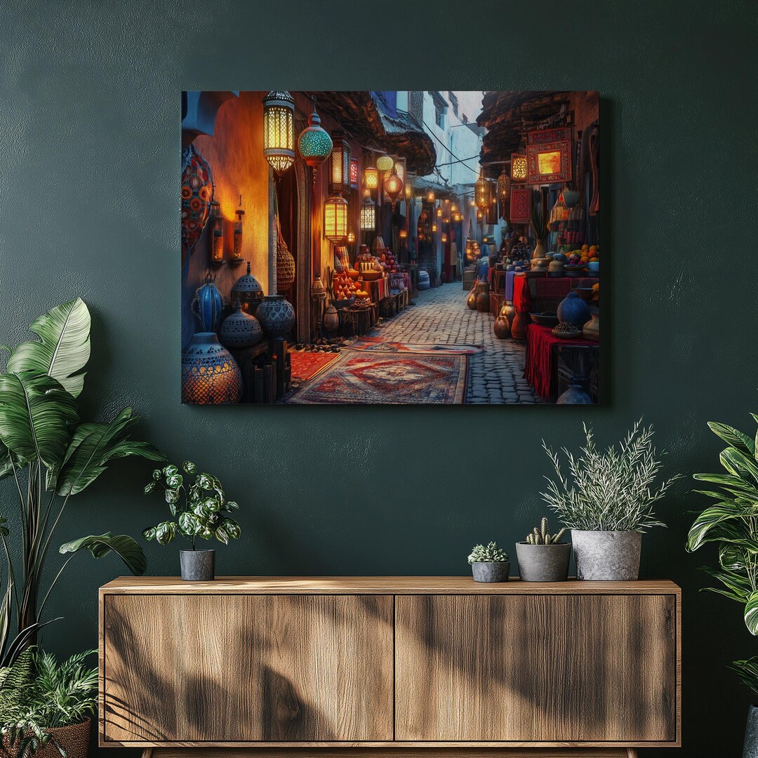 Moroccan Canvas Wall Art, Traditional Bazaar With Vibrant Textiles ...