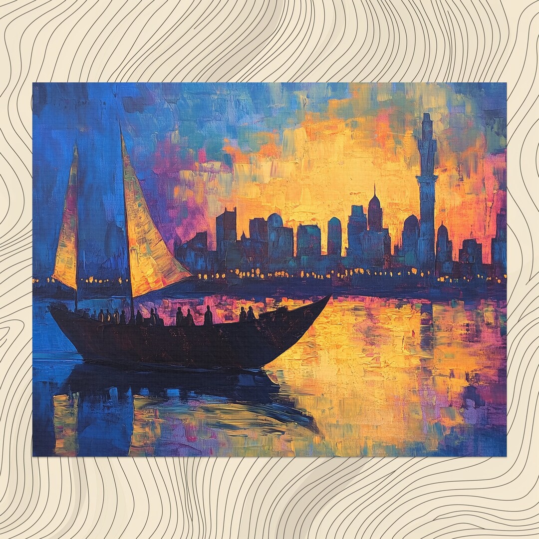 Bahrain Canvas Wall Art Glowing Painting Skyline Traditional Boats ...