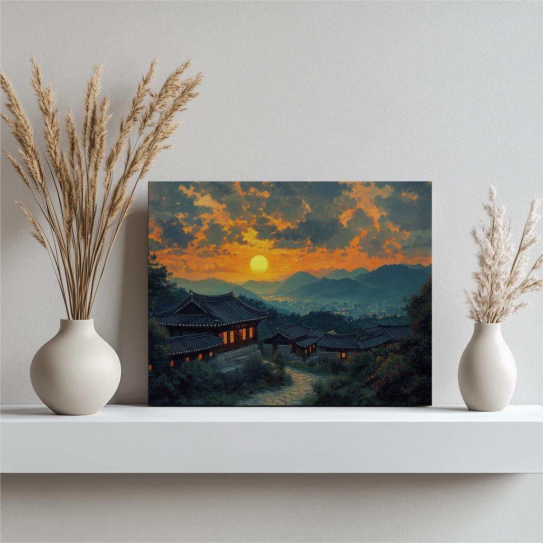 South Korea Hanok Village Canvas Art, Serene Mountain Sunset Landscape ...