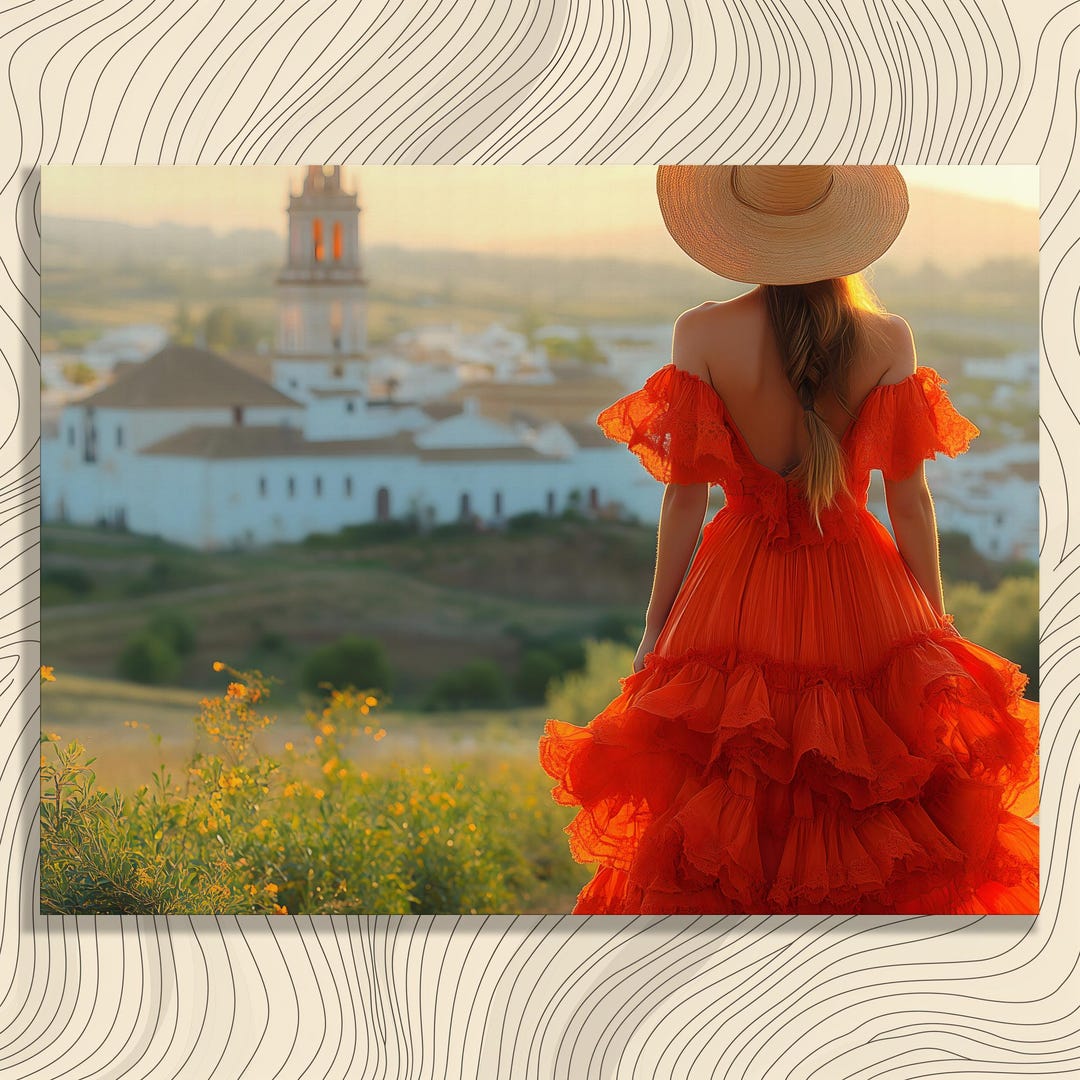 Mediterranean Village Woman Canvas Wall Art - Sunset View With Orange ...