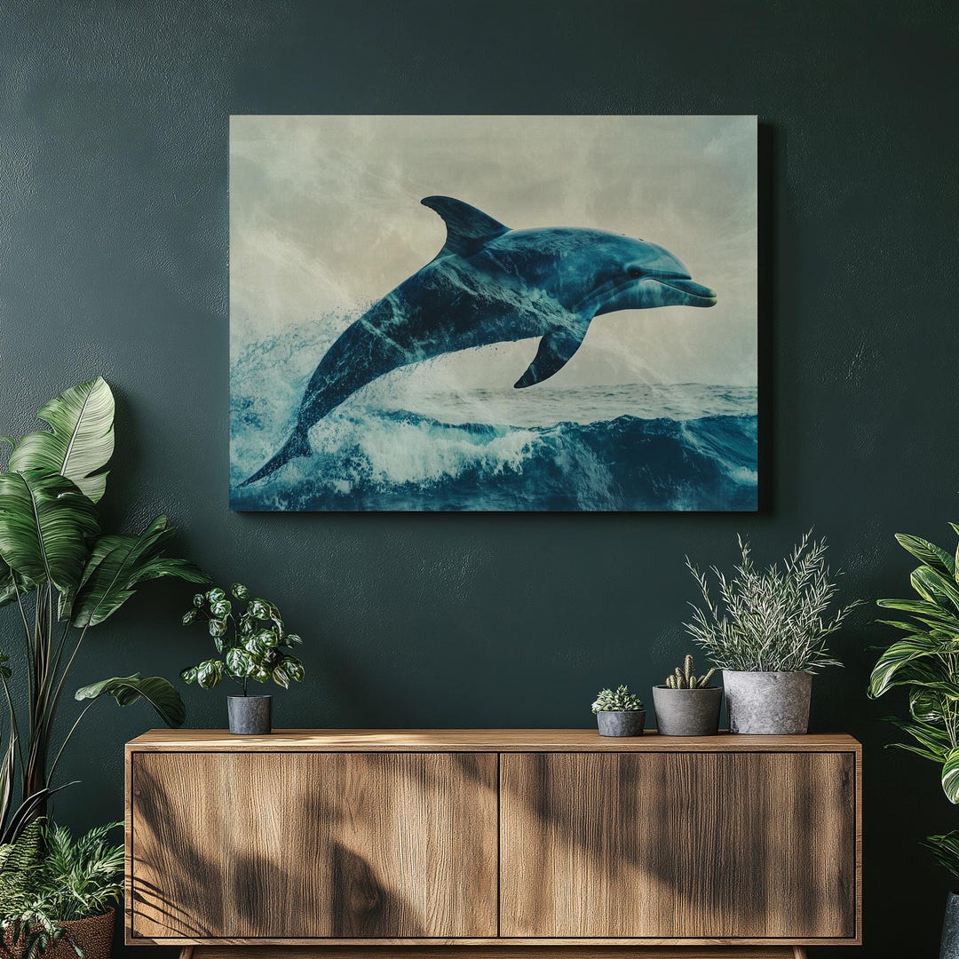 Dolphin Canvas Wall Art - Blue Ocean Waves Sea Life Print, Coastal ...