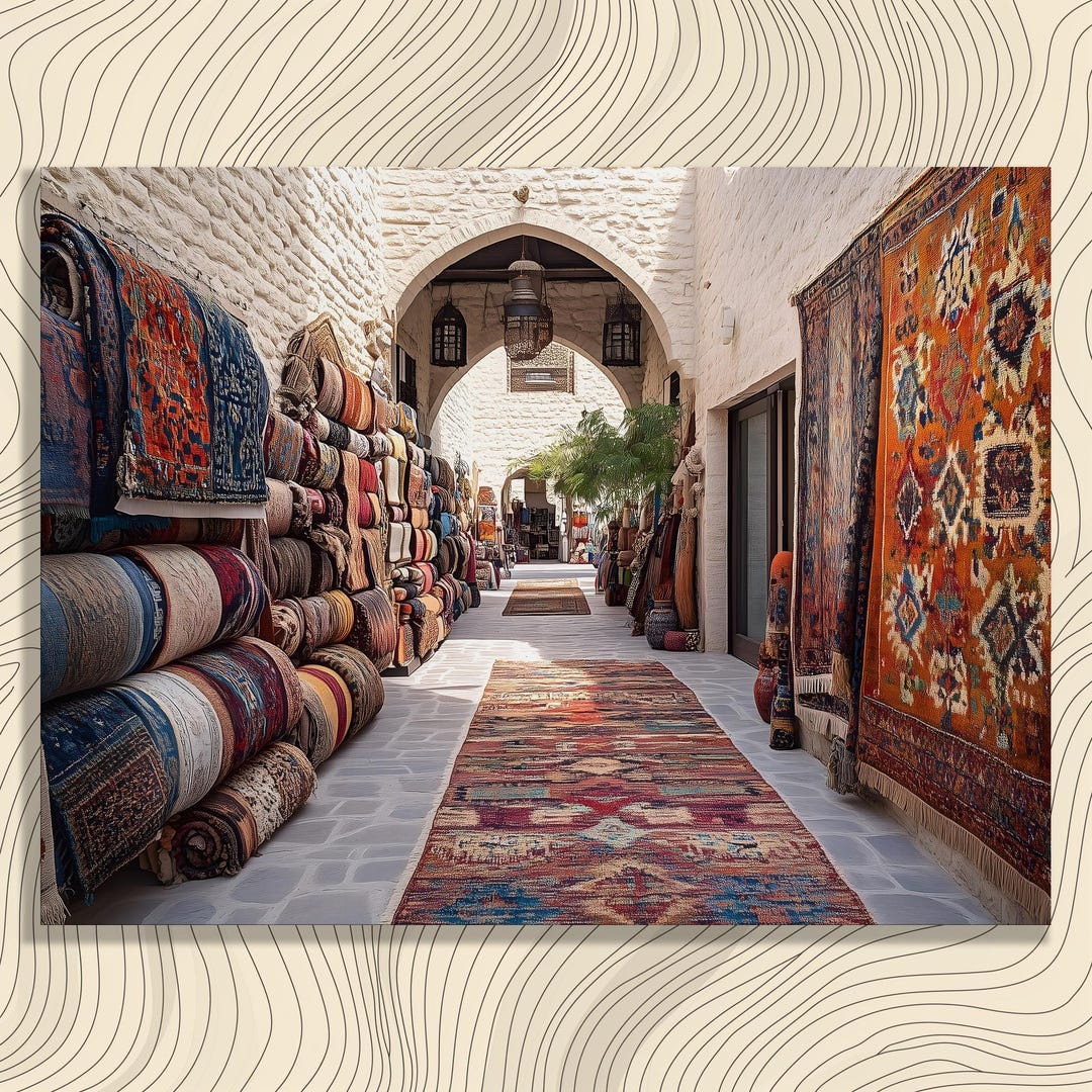 Vibrant Market Corridor Canvas Wall Art – Bohemian Textile Painting ...