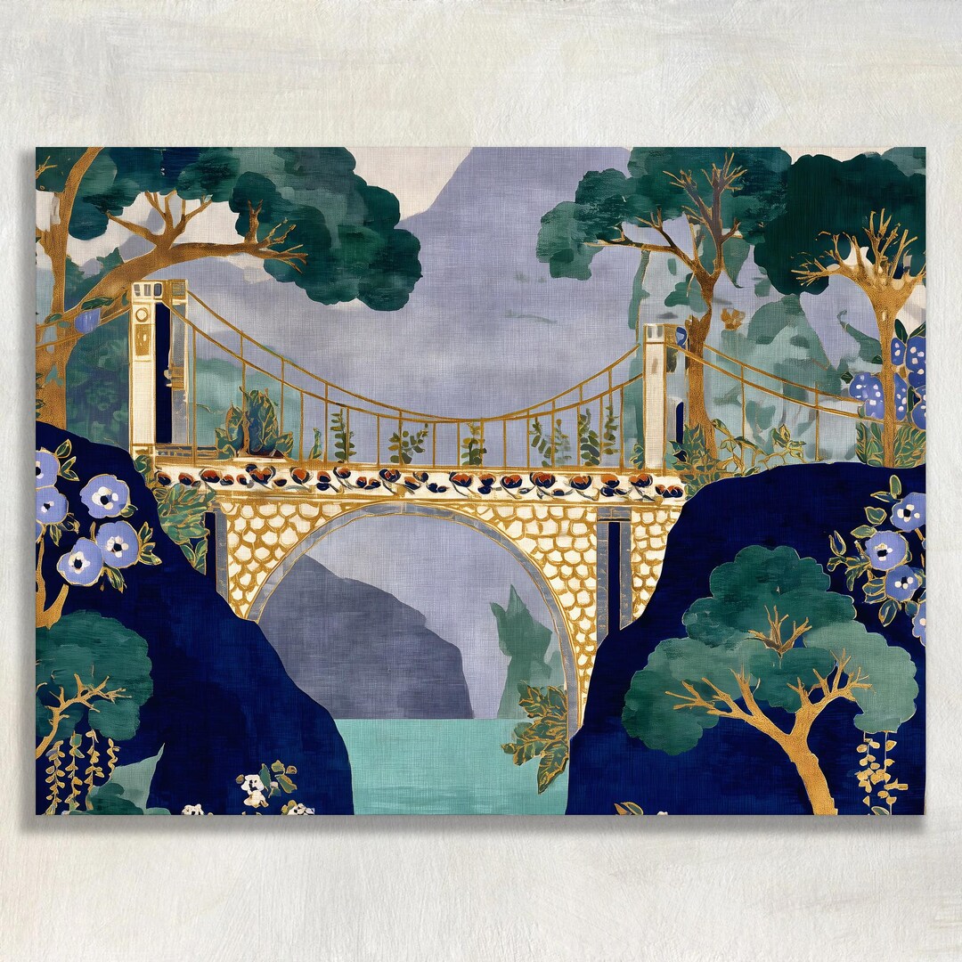 Golden Bridge Canvas Wall Art - Teal Blue Floral Landscape Botanical ...