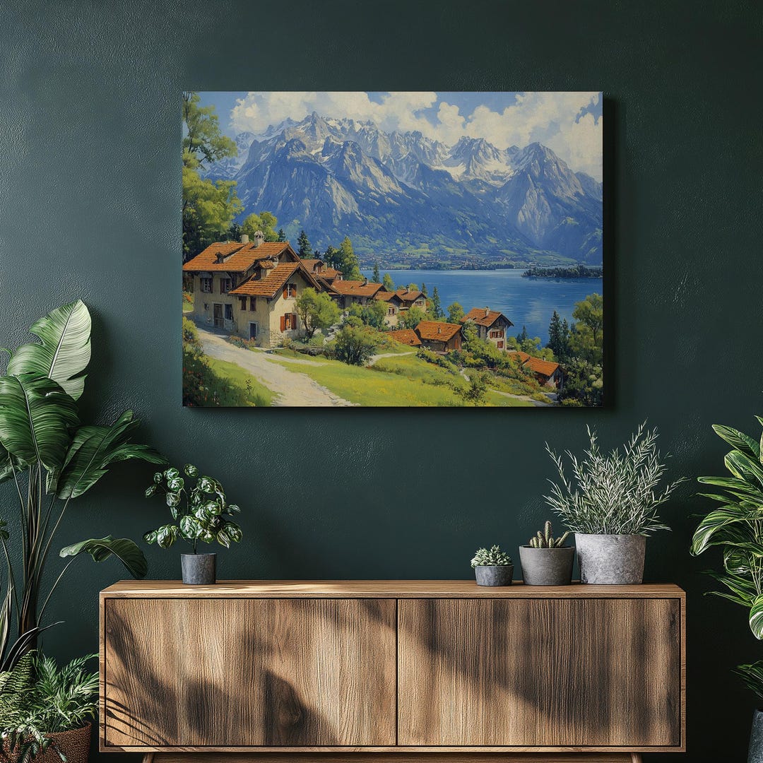 Scenic Switzerland Canvas Wall Art - Lake Geneva Painting of Swiss Alps ...