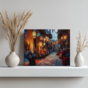 Moroccan Canvas Wall Art, Traditional Bazaar With Vibrant Textiles ...