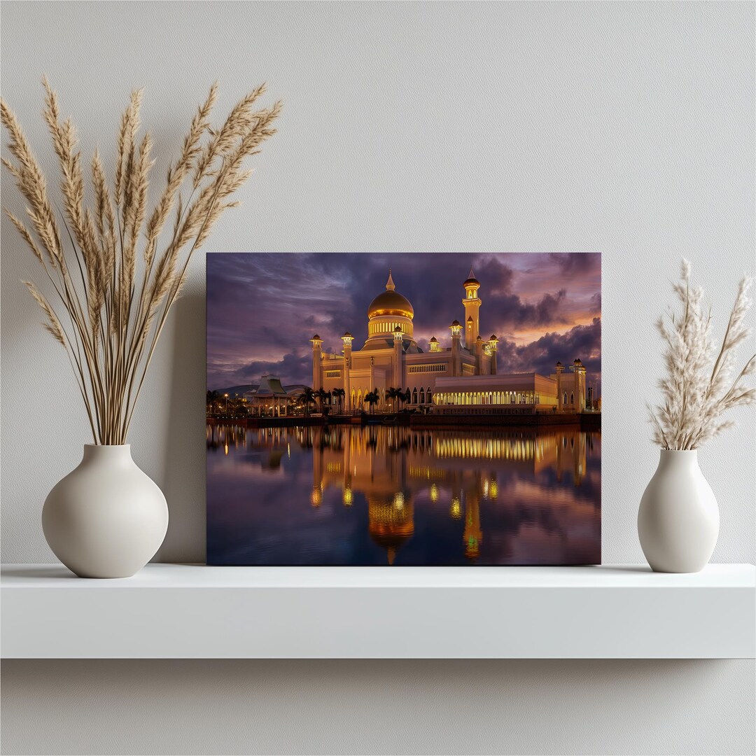Brunei Mosque Canvas Wall Art – Golden Dome Reflection Sunset Mosque ...