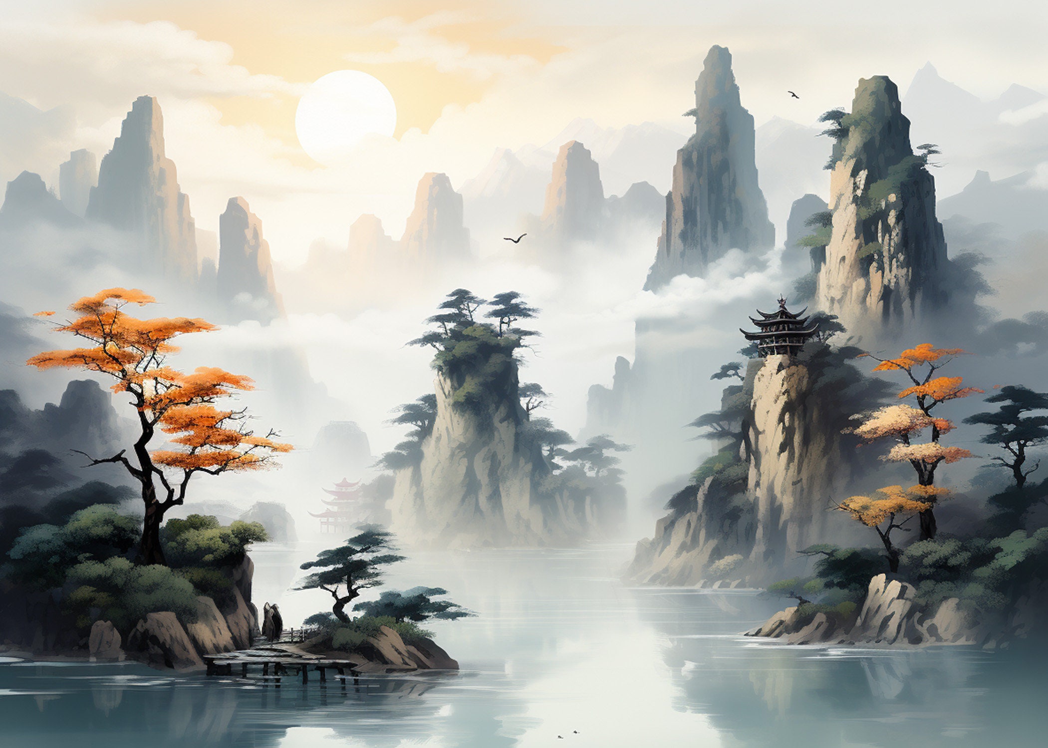 Japanese Lake Cliff Temple, Watercolor Painting, Nature Landscape With ...