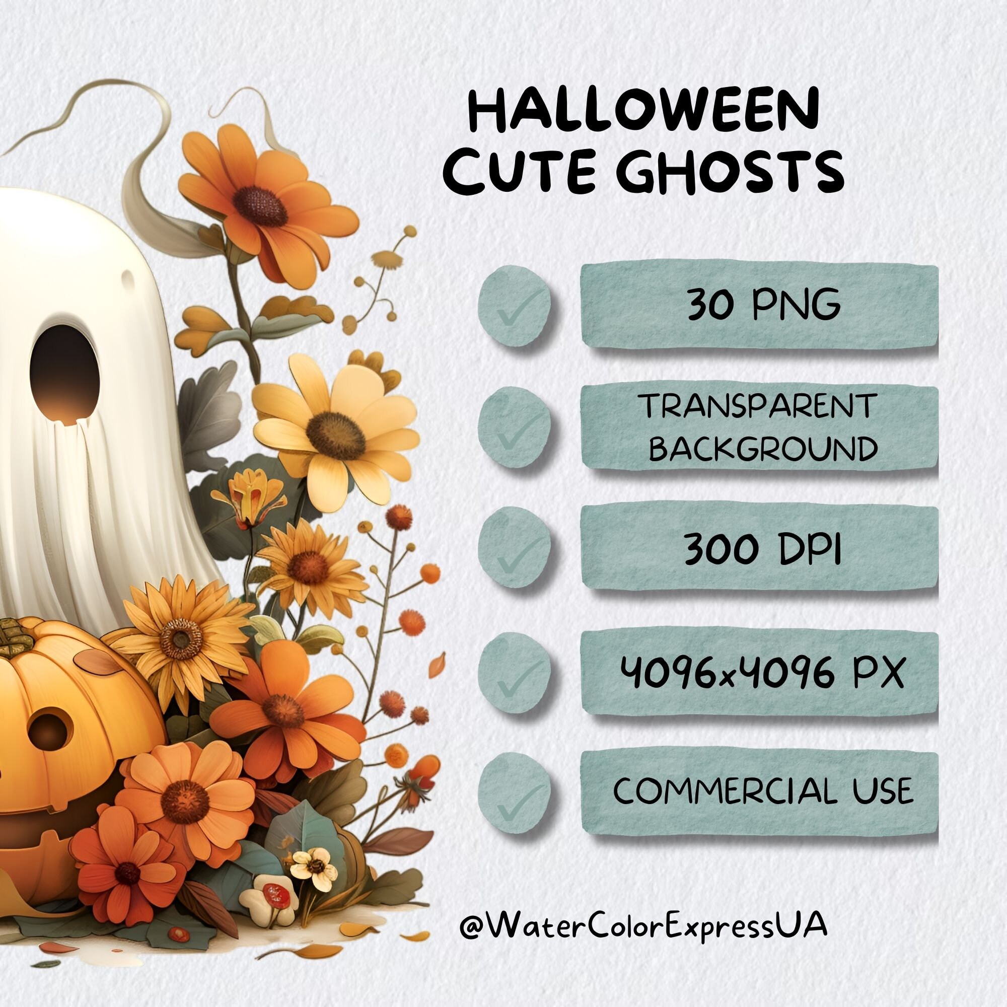 Watercolor Cute Ghost Clipart for Halloween Themed Sublimation, Jack-o ...