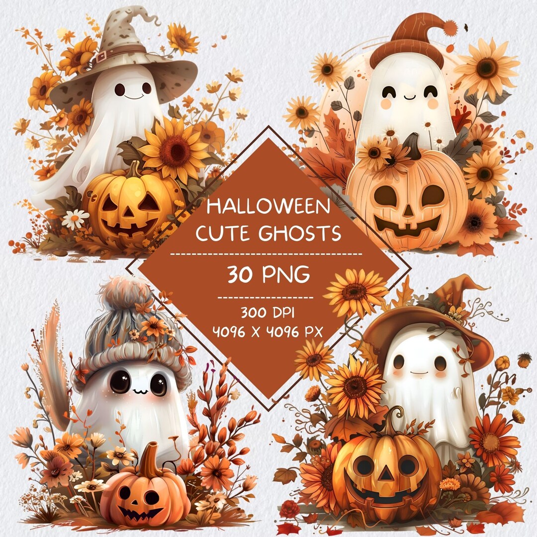 Watercolor Cute Ghost Clipart for Halloween Themed Sublimation, Jack-o ...