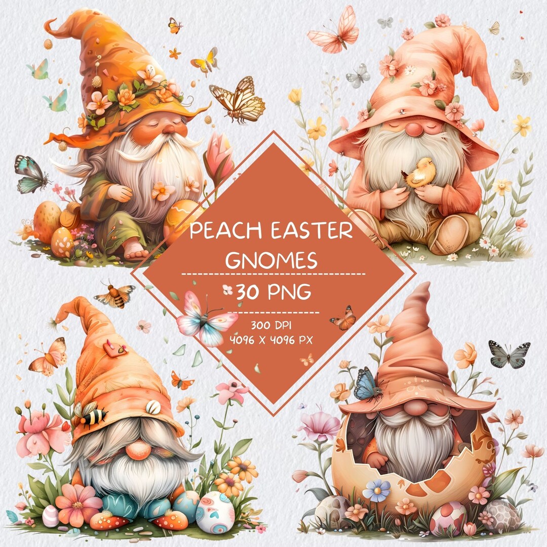 Peach Easter Gnome Clipart Bundle, Watercolor Gnome Clip Art Collection ...