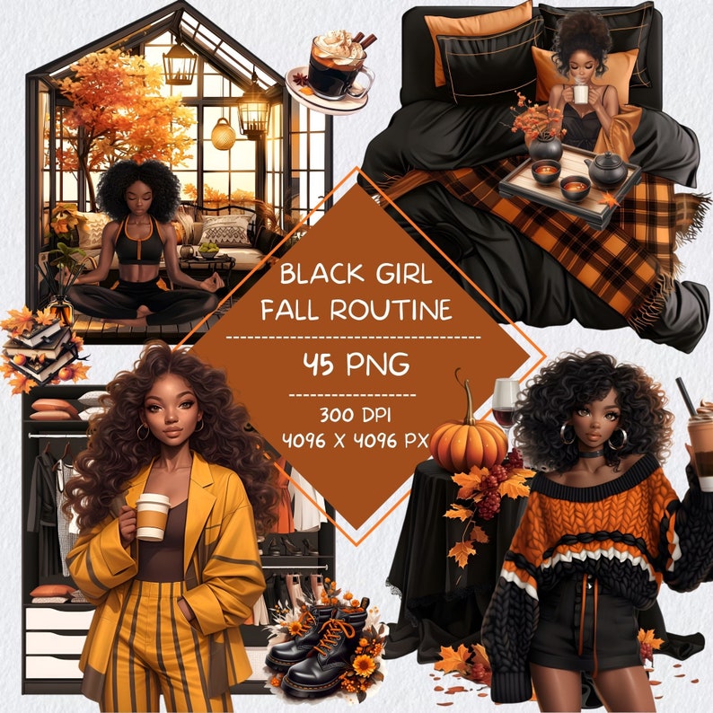 Black Girl Fall Routine Clipart, Digital Notebook Autumn Aesthetic ...