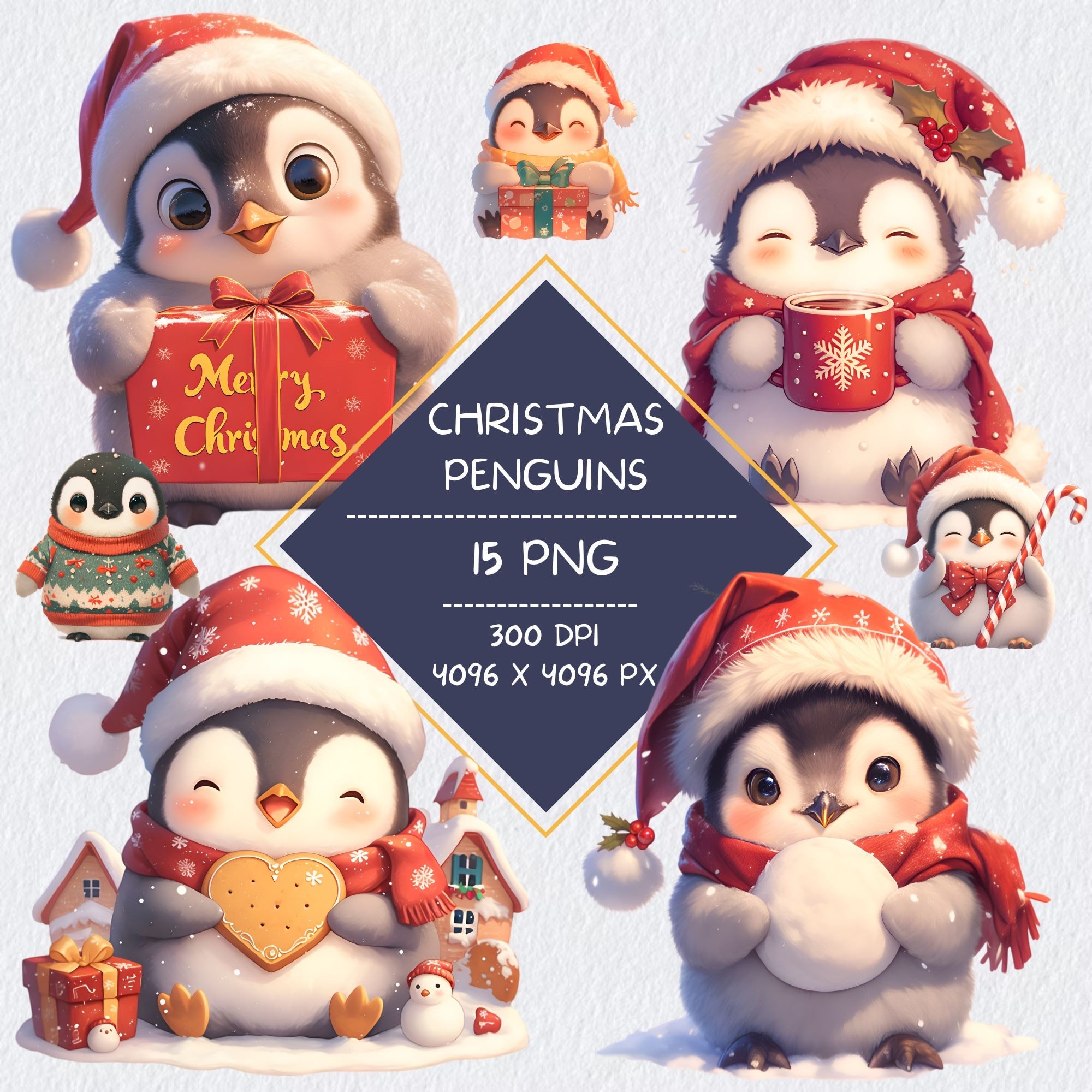 Cute Christmas Penguins Clipart Bundle, Winter Season Holiday Penguin ...