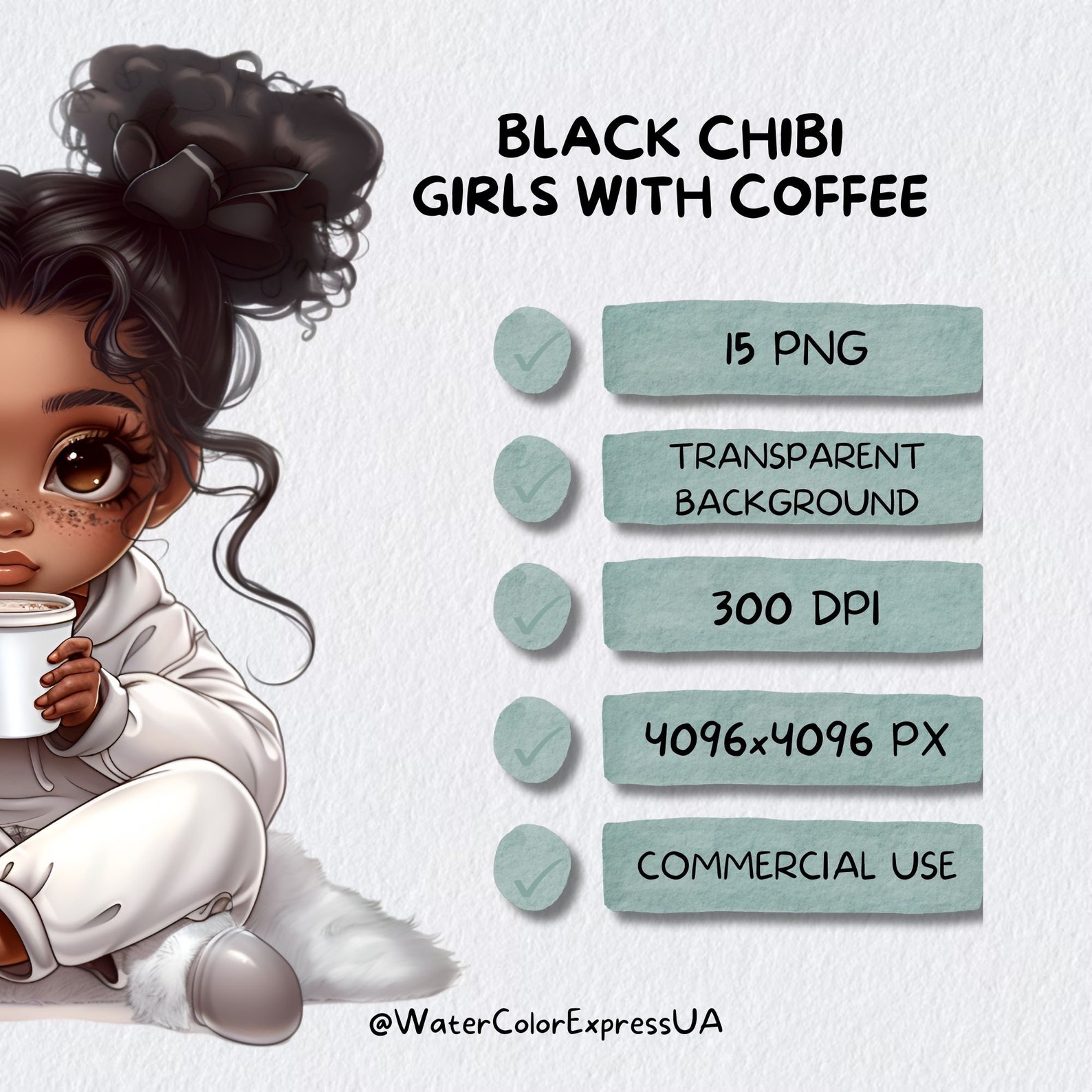 Black Chibi Girls With Coffee Clipart Bundle, Cute Chibi African ...