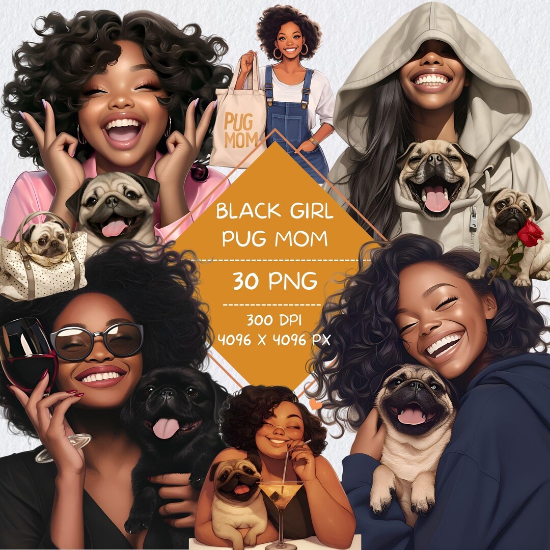 Black Girl Pug Mom Clipart, African American Puppy Dog Mum Stickers ...