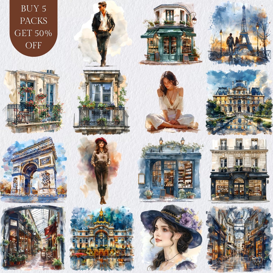 Parisian Life Watercolor Clipart Bundle, French Cafe Clipart, French ...