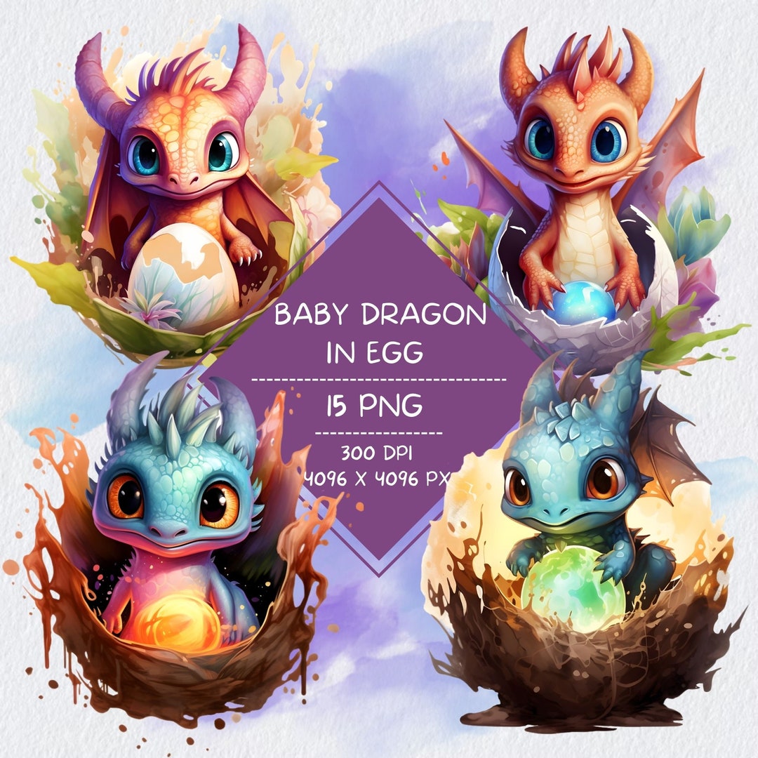Baby Dragon in Egg Clipart Bundle, Watercolor Dragon Egg Clip Art Pack ...