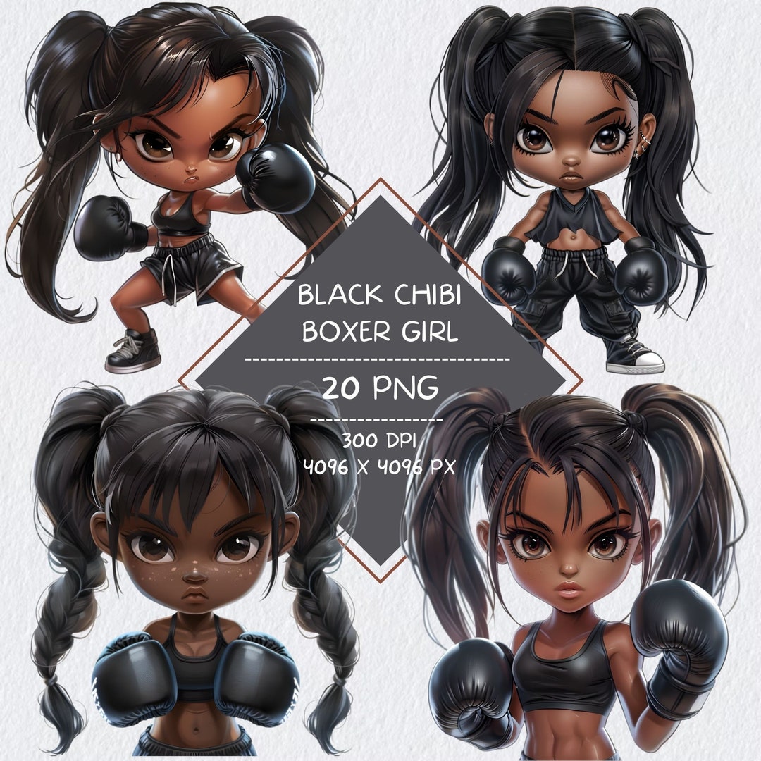 Black Chibi Boxer Girl Clipart Bundle, Cute Chibi African American Girl ...