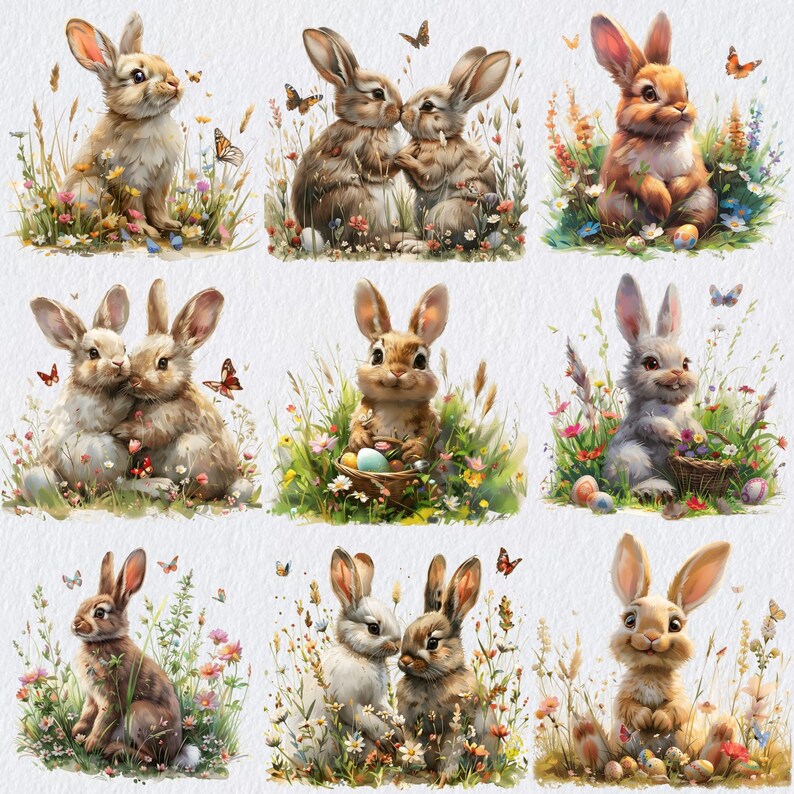 Easter Bunnies Clipart Bundle, Watercolor Bunnies Clip Art Collection ...