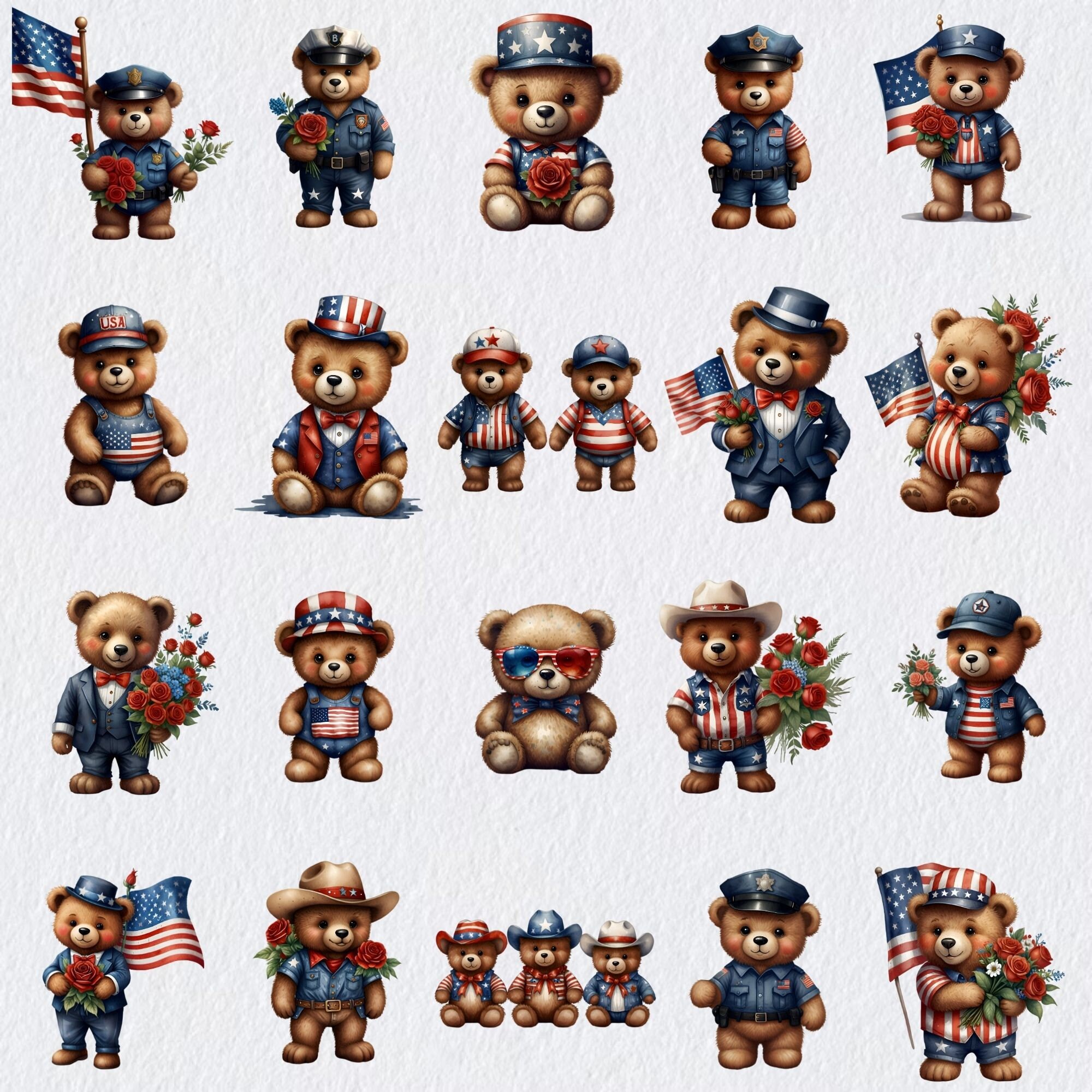 Patriotic Teddy Bear Clip Art Bundle, American Flag Teddy Bear PNG ...