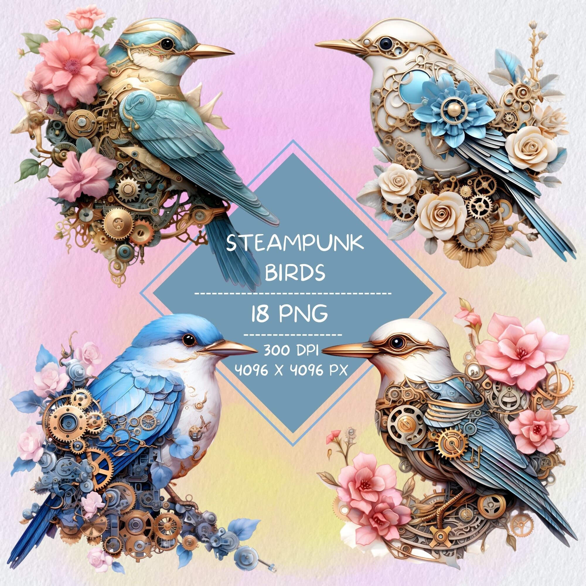 Steampunk Birds Clipart Bundle, Watercolor Futuristic Birds Clipart ...
