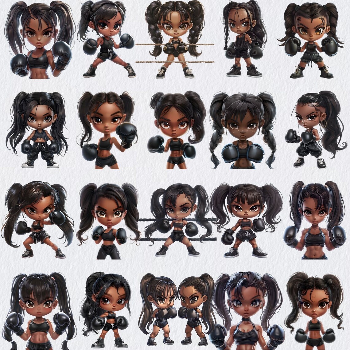 Black Chibi Boxer Girl Clipart Bundle, Cute Chibi African American Girl ...