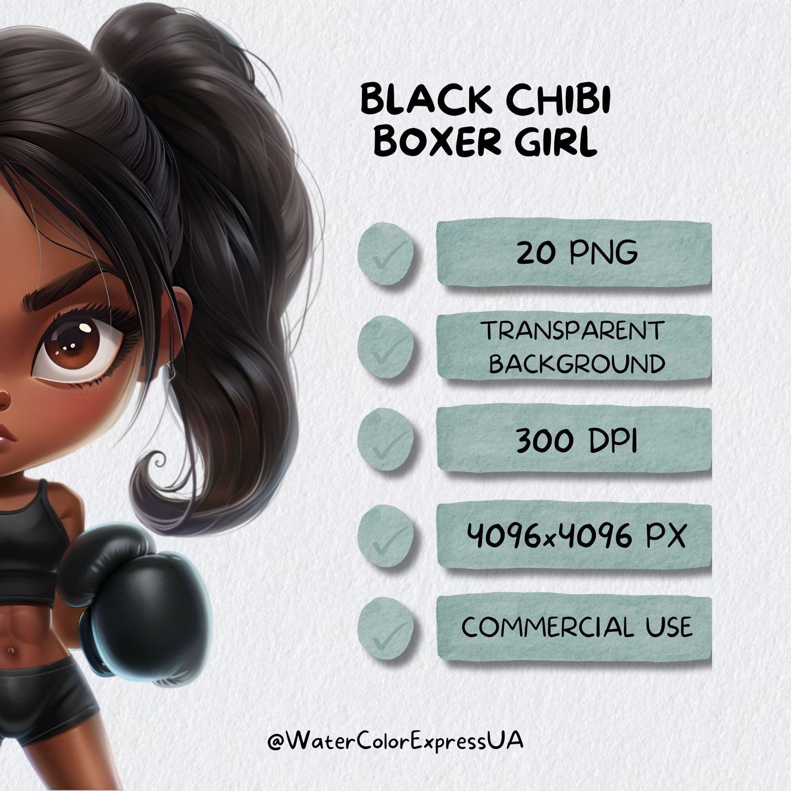 Black Chibi Boxer Girl Clipart Bundle, Cute Chibi African American Girl ...