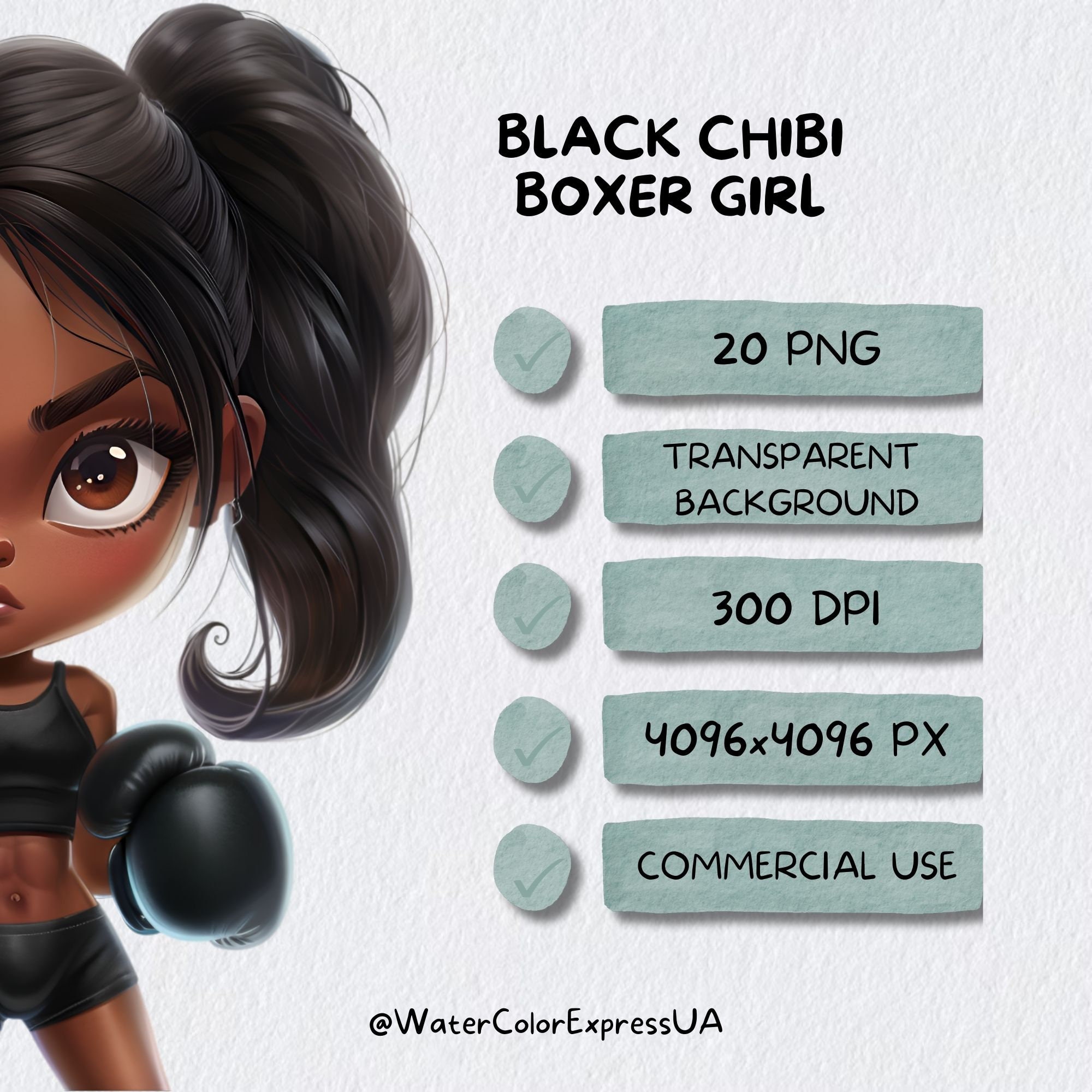 Black Chibi Boxer Girl Clipart Bundle, Cute Chibi African American Girl ...
