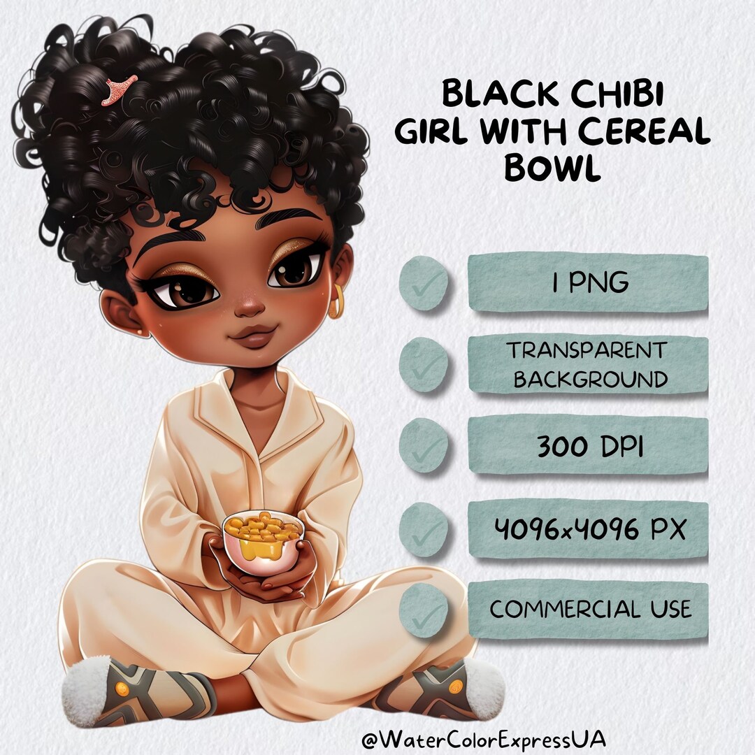 EXCLUSIVE Black Chibi Girl With Cereal Bowl Clipart, Cute Chibi Girl in ...