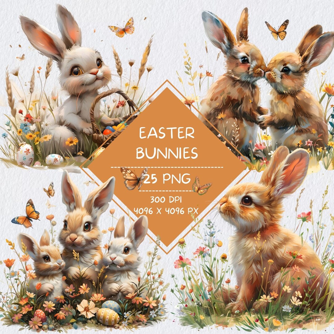 Easter Bunnies Clipart Bundle, Watercolor Bunnies Clip Art Collection ...