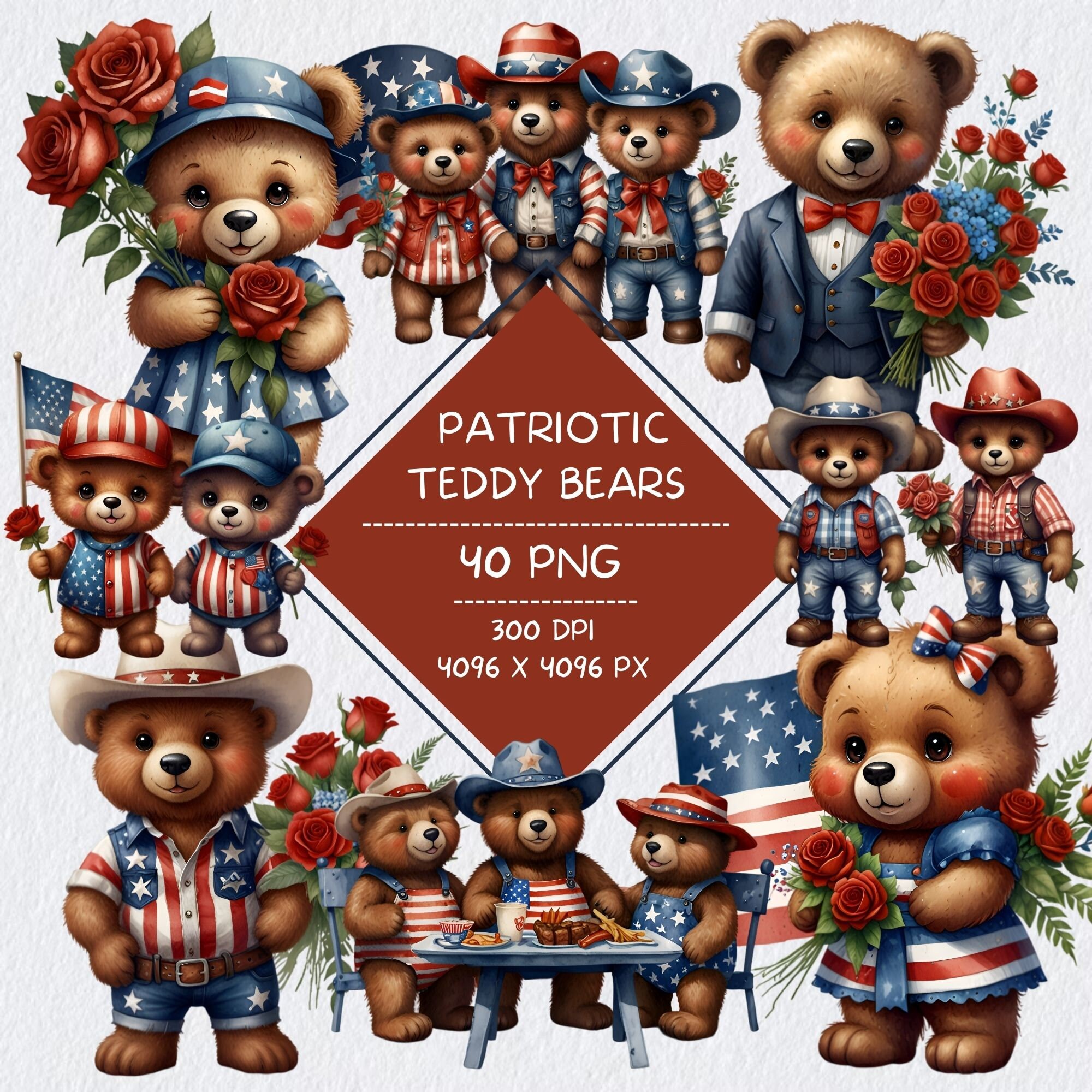 Patriotic Teddy Bear Clip Art Bundle, American Flag Teddy Bear PNG ...