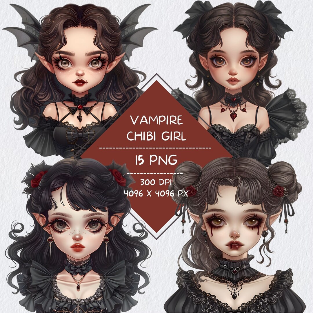Vampire Chibi Girl Clipart Bundle, Cute Chibi Vampire Clipart, Dark ...