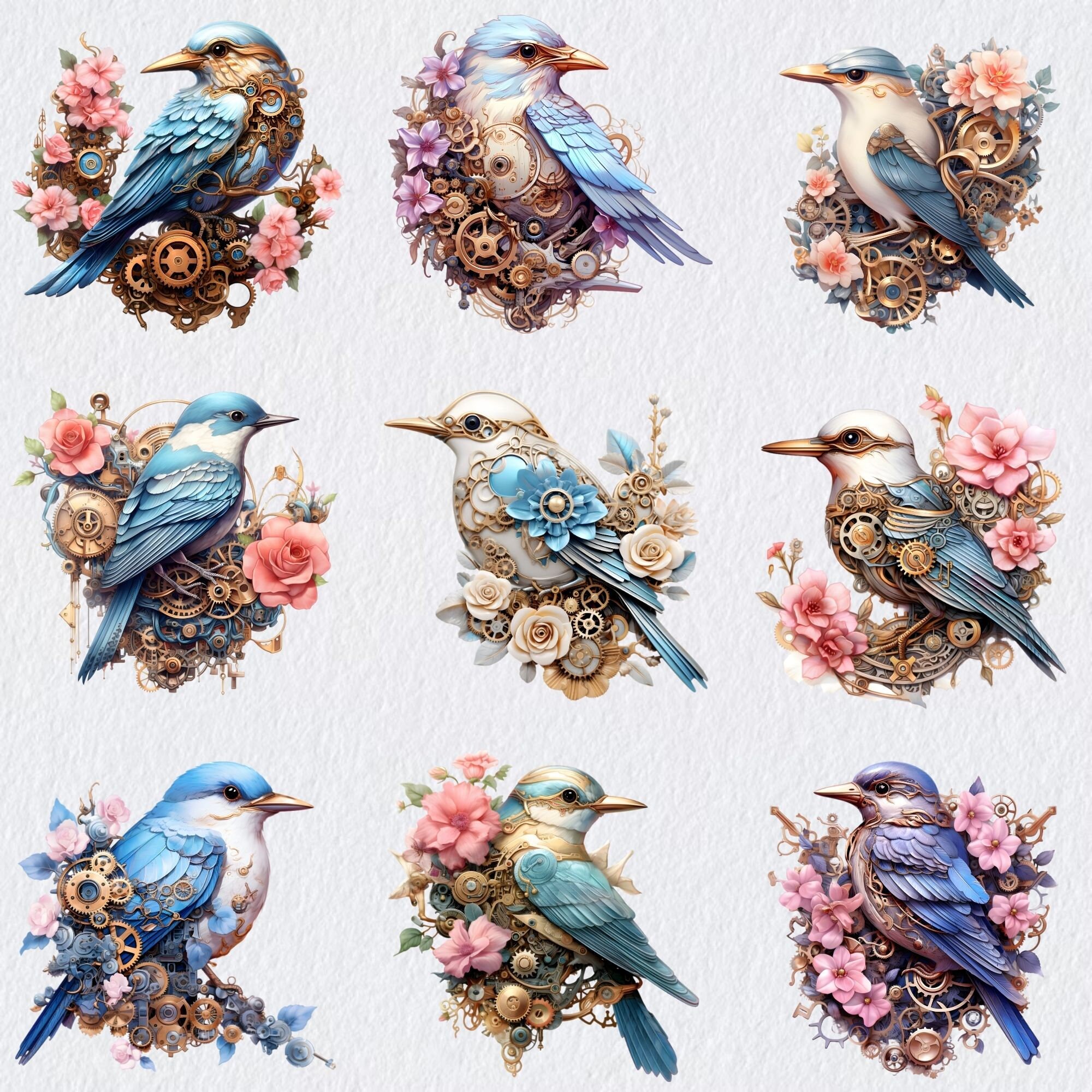 Steampunk Birds Clipart Bundle, Watercolor Futuristic Birds Clipart ...