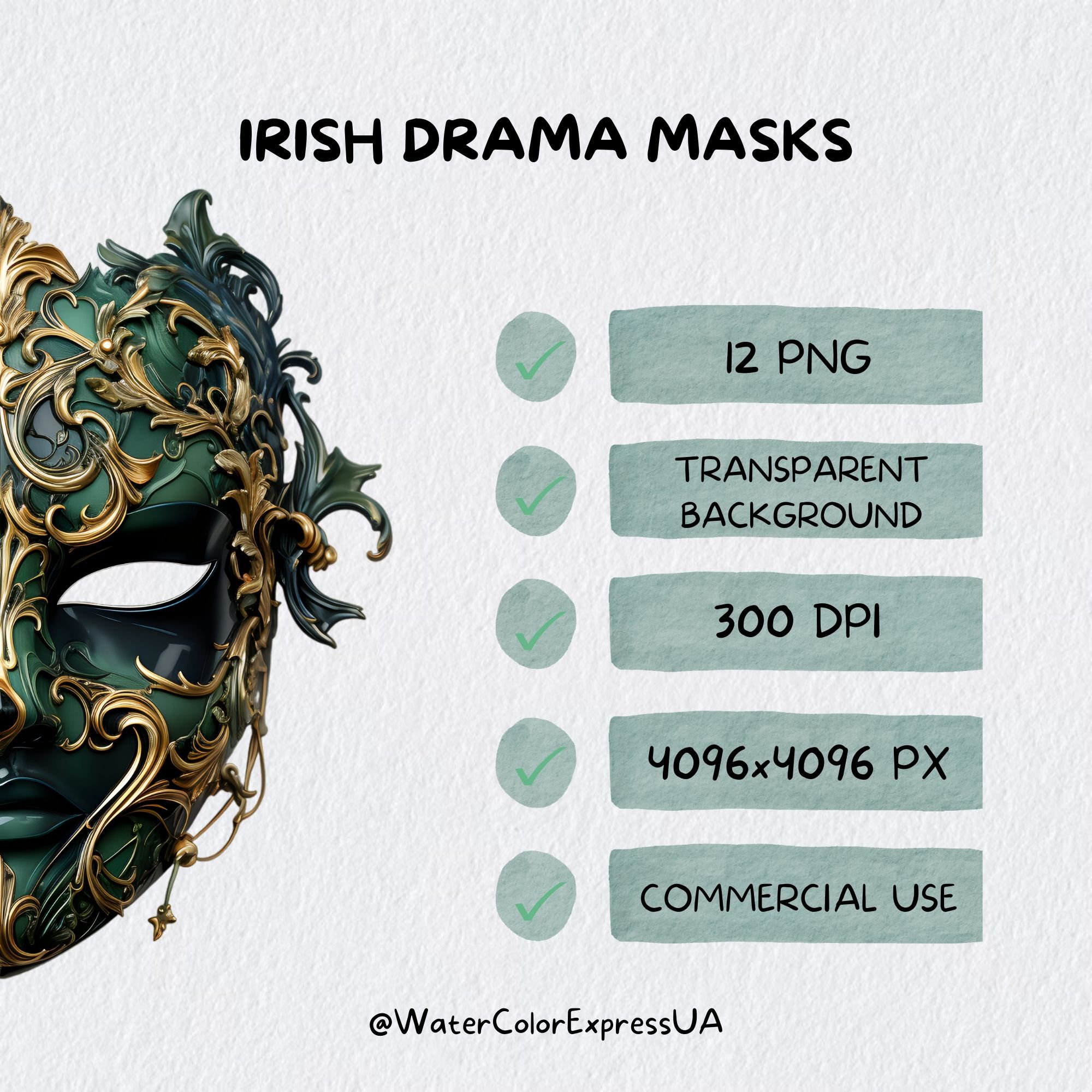 Irish Drama Theater Masks Clipart Bundle, Watercolor Theatre Masks Clip ...