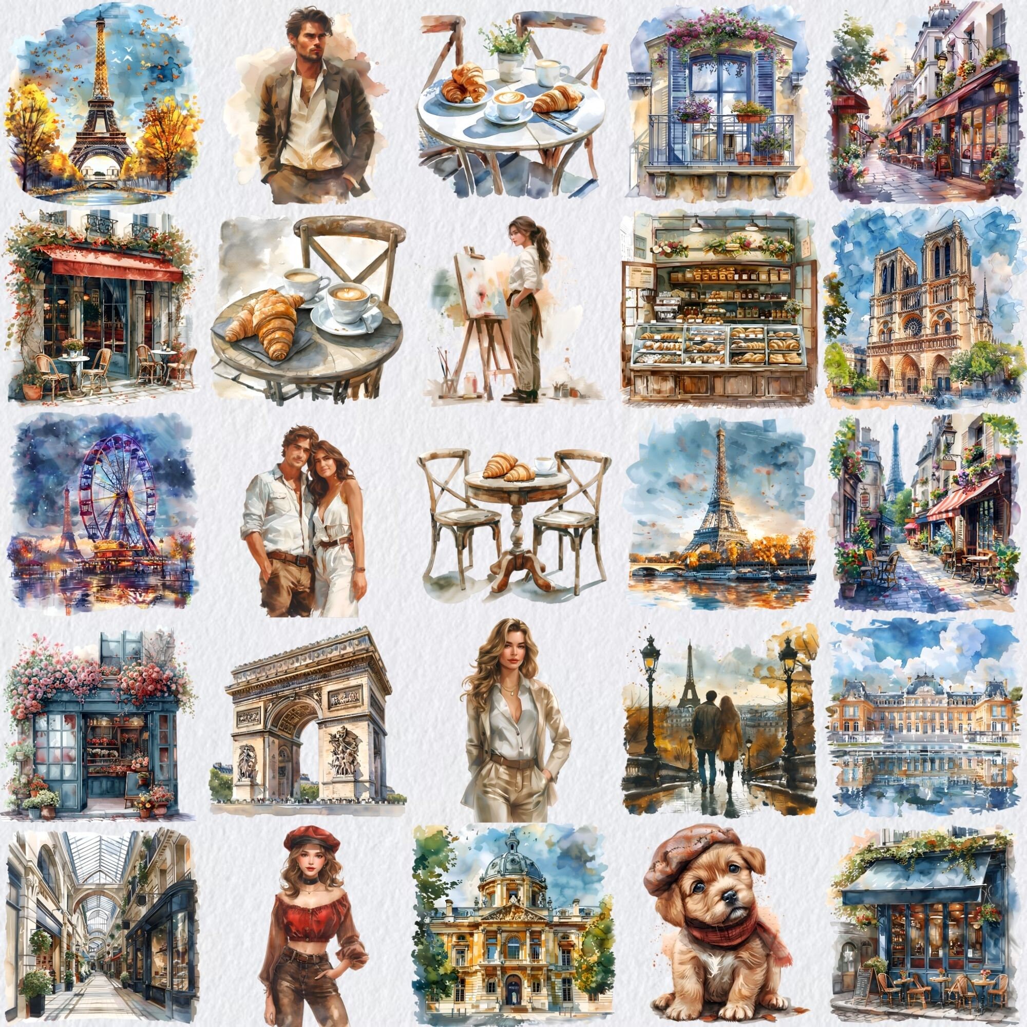 Parisian Life Watercolor Clipart Bundle, French Cafe Clipart, French ...