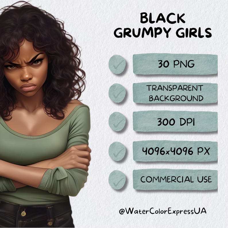 Black Grumpy Girl Clipart Bundle, Angry Face Woman Portrait Digital ...