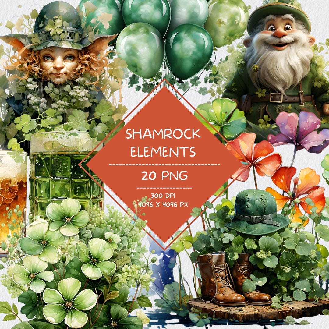 St Patricks Day Shamrock Clipart Bundle, Watercolor Shamrock Elements ...