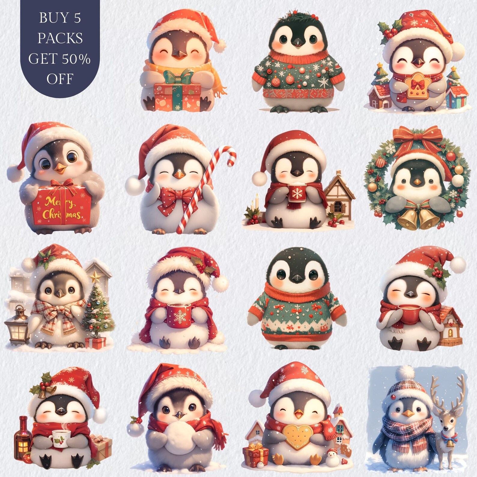 Cute Christmas Penguins Clipart Bundle, Winter Season Holiday Penguin ...
