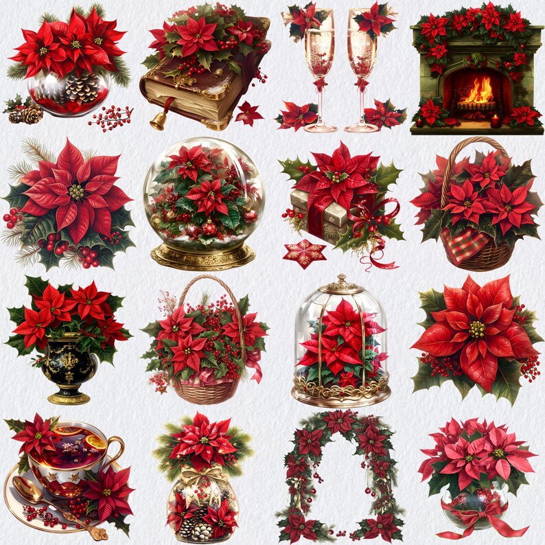 Watercolor Poinsettia Flower Clipart Bundle, Winter Holiday Floral ...