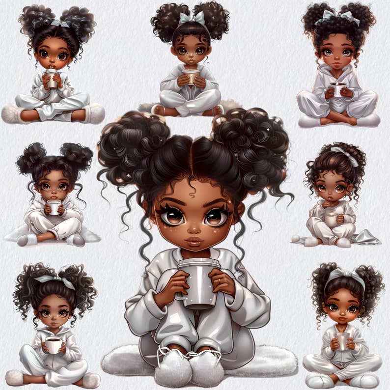 Black Chibi Girls With Coffee Clipart Bundle, Cute Chibi African ...