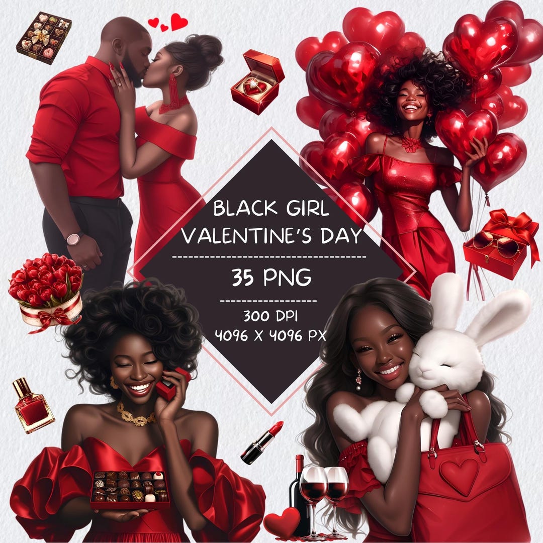 Black Girl Red Valentines Day Clipart Bundle, Digital Notebook Black ...