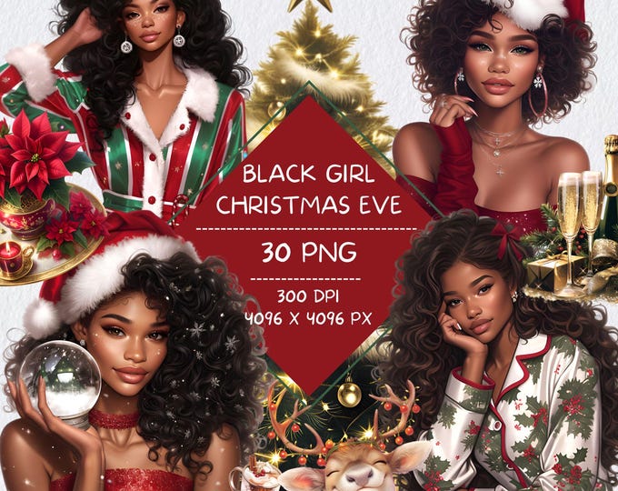 Black Girl Christmas Eve Clipart Bundle, Digital Notebook Winter ...