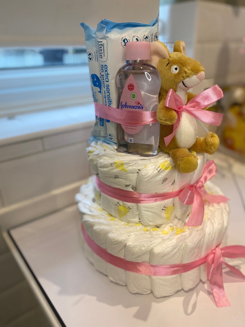 Two Tier Nappy Gift Cake With Teddy and Toiletries, Blue, Pink, Neutral ...
