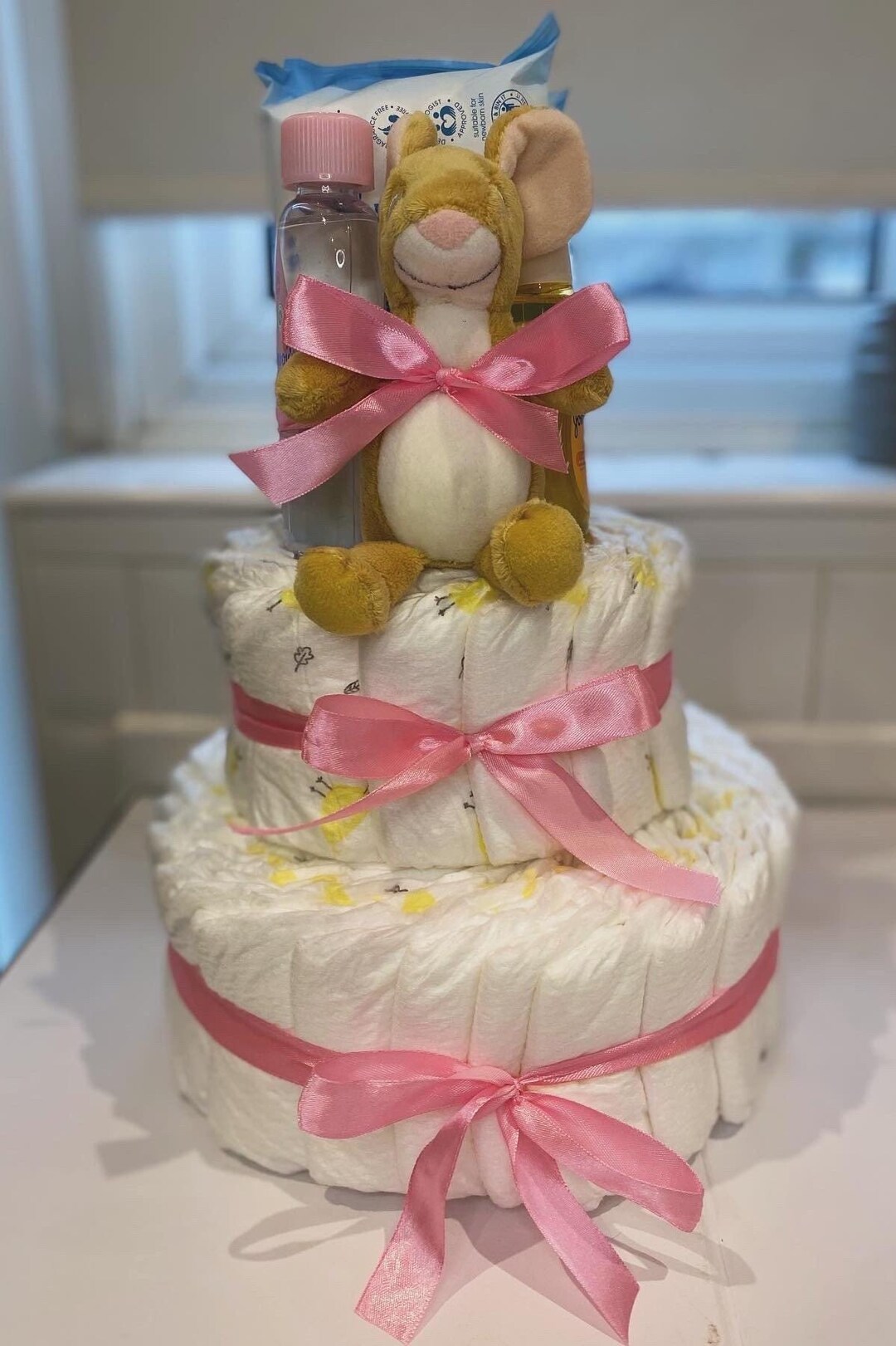 Two Tier Nappy Gift Cake With Teddy and Toiletries, Blue, Pink, Neutral ...