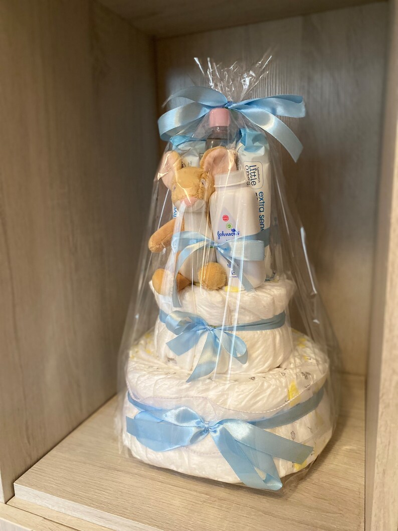 Two Tier Nappy Gift Cake With Teddy and Toiletries, Blue, Pink, Neutral ...