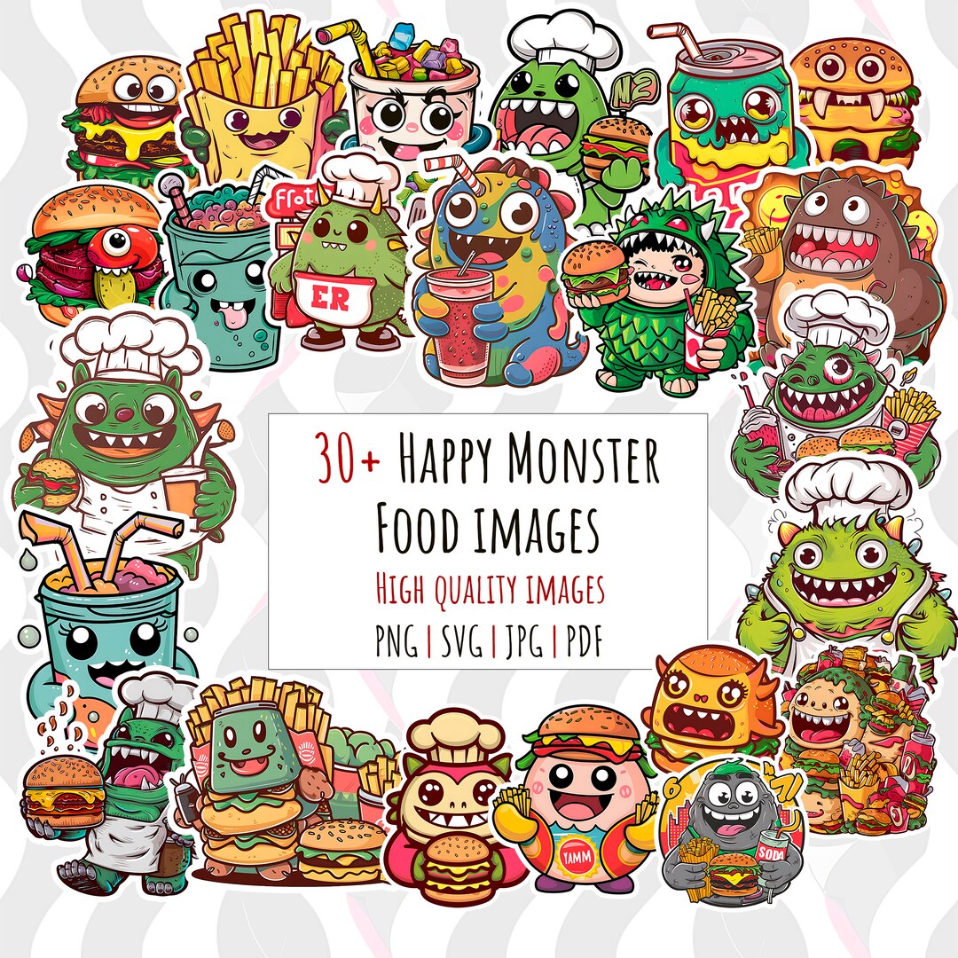 30+ Happy Monsters Sticker Designs, Printable Stickers, Fast Food ...