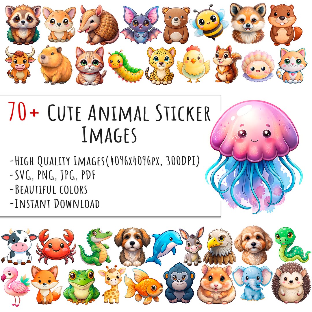 Adorable Animal Stickers SVG PNG Bundle - 70 Cute Designs for Kids ...