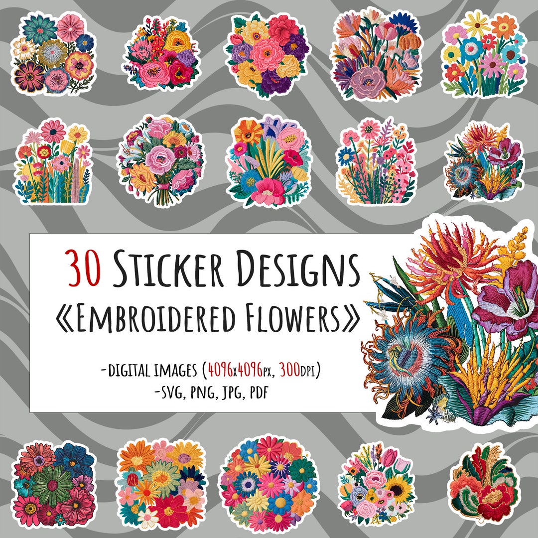 30 Embroidered Flower Stickers Printable SVG PNG for Mental Health and ...