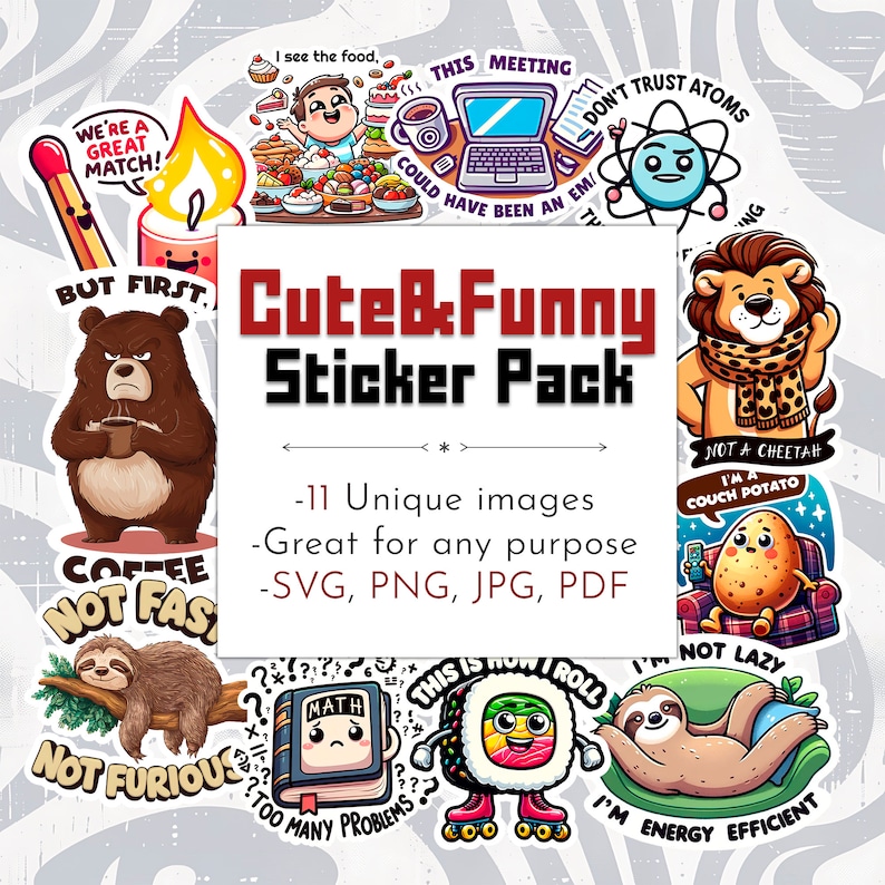 11 Cute & Funny Sticker Designs, Printable Stickers, Cute Animals, Word ...