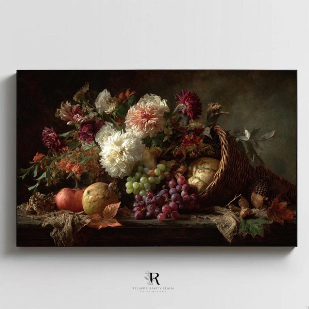 Thanksgiving Cornucopia Still Life | Fall Dahlias & Harvest Fruit Art ...