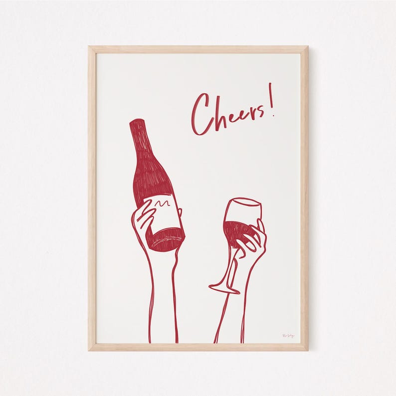 Wine Wall Art Print - Cheers Poster With Wine Bottle & Glass - Wine ...
